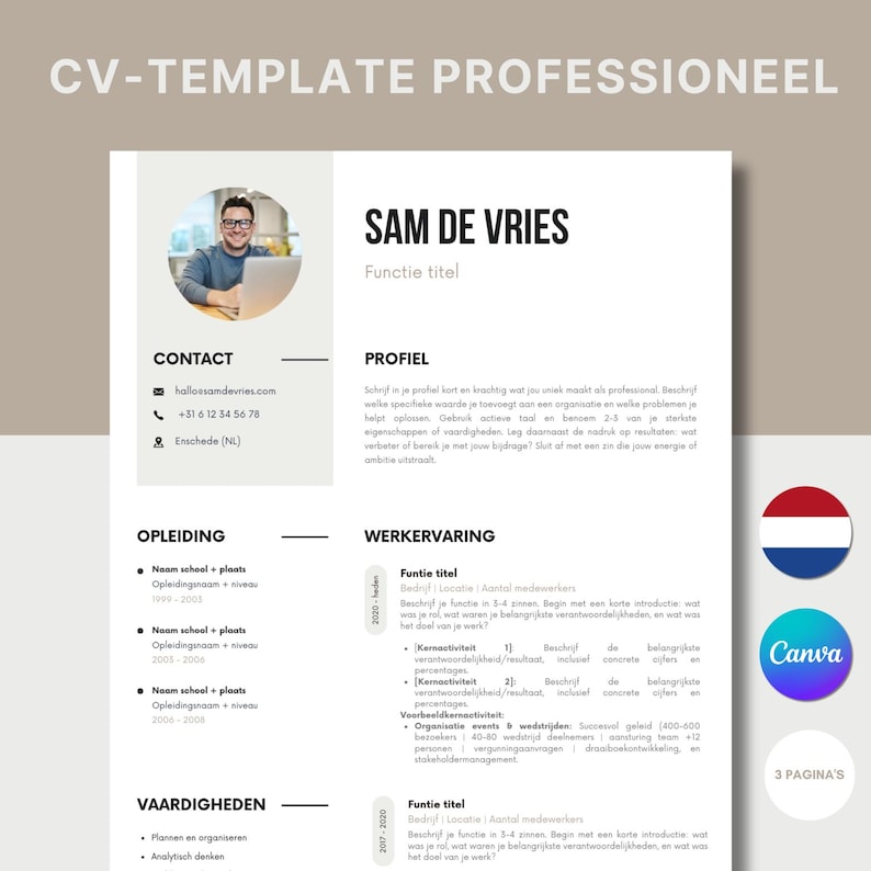CV Template Professional | Canva Template | Dutch Cv | Cover Letter | 1 ...