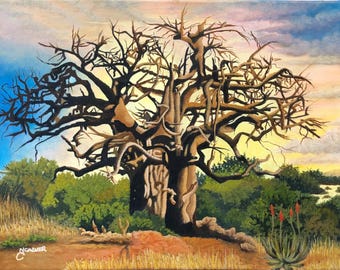 Sunset and Sunburst by the tree of Life Baobab Tree in Botswana Africa ...