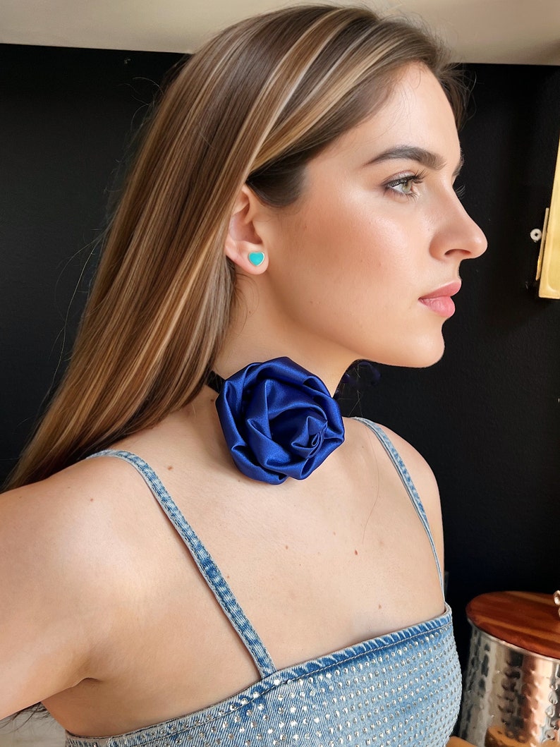 Navy Blue Satin Rose Choker With Ribbon, Vintage Blue Rose Flower ...
