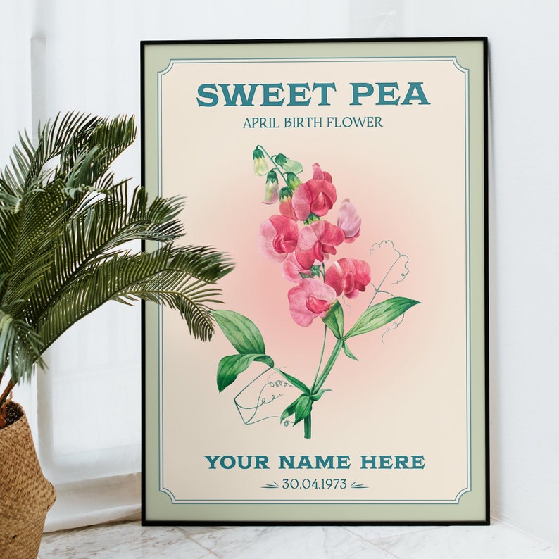 Personalised Birth Flower Print April: Sweet Pea Flower, Custom April ...