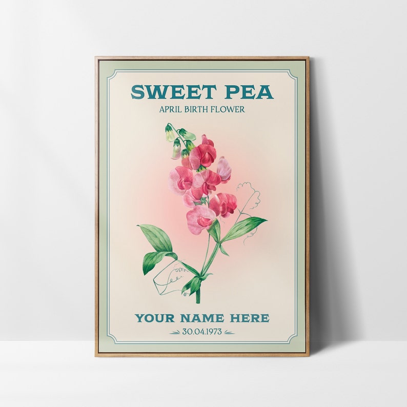 Personalised Birth Flower Print April: Sweet Pea Flower, Custom April ...