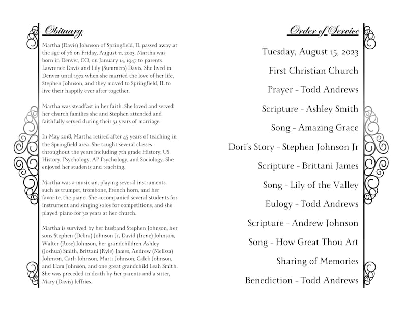 Elegant Printable Funeral Program Template - Customizable Memorial ...