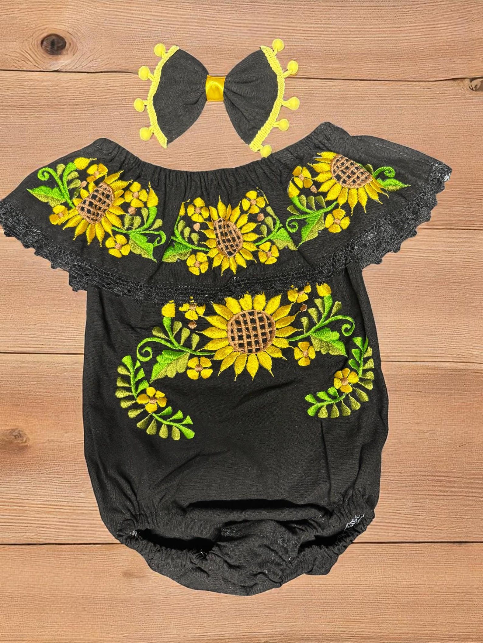 Mexican Traditional Baby Bodysuit. Sunflower Hand Embroidered Bodysuit ...