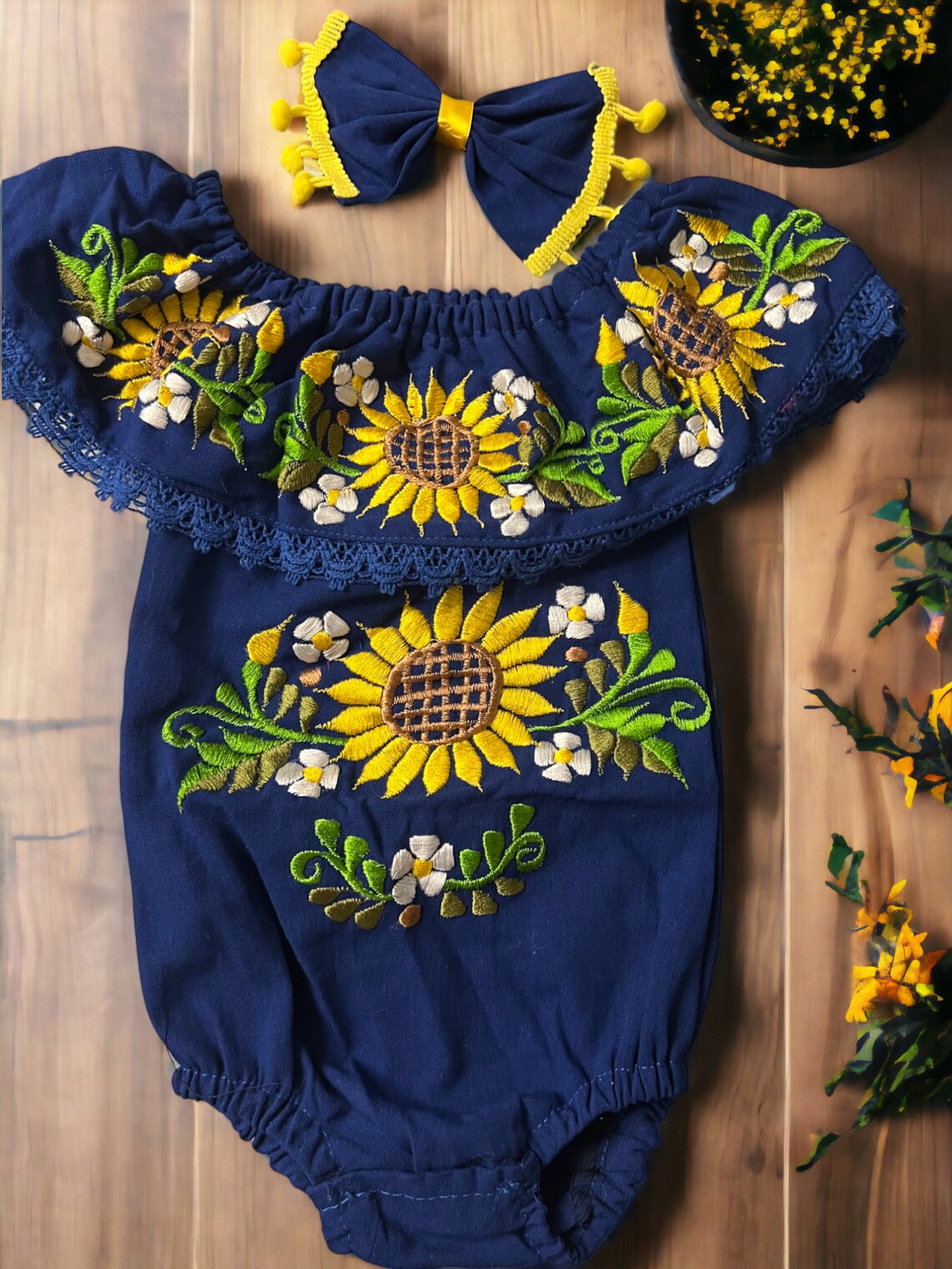Mexican Traditional Baby Bodysuit. Sunflower Hand Embroidered Bodysuit ...