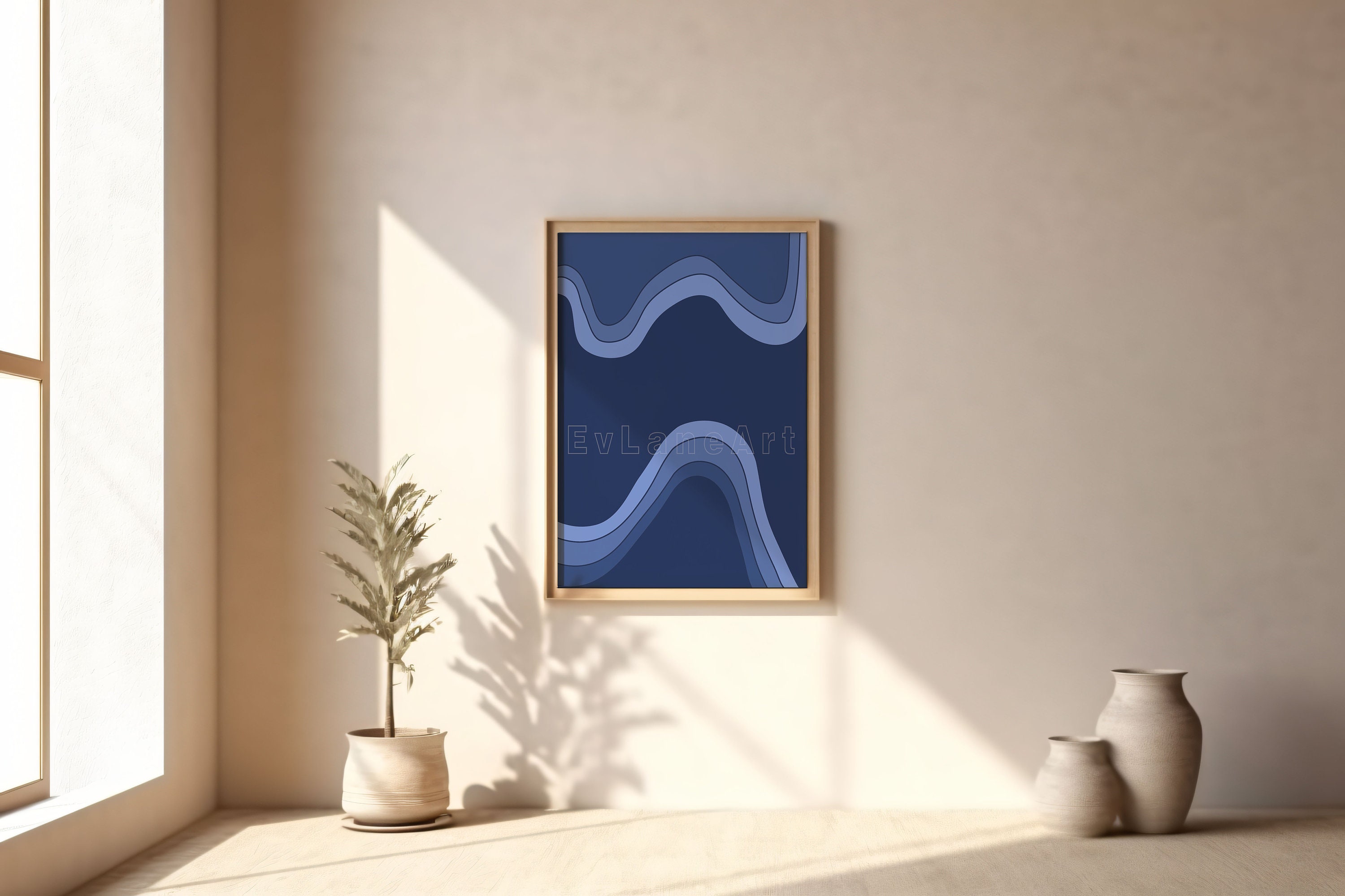 Navy Blue Wavy Wall Art, Aesthetic Room Decor, Retro Poster, Line Art ...