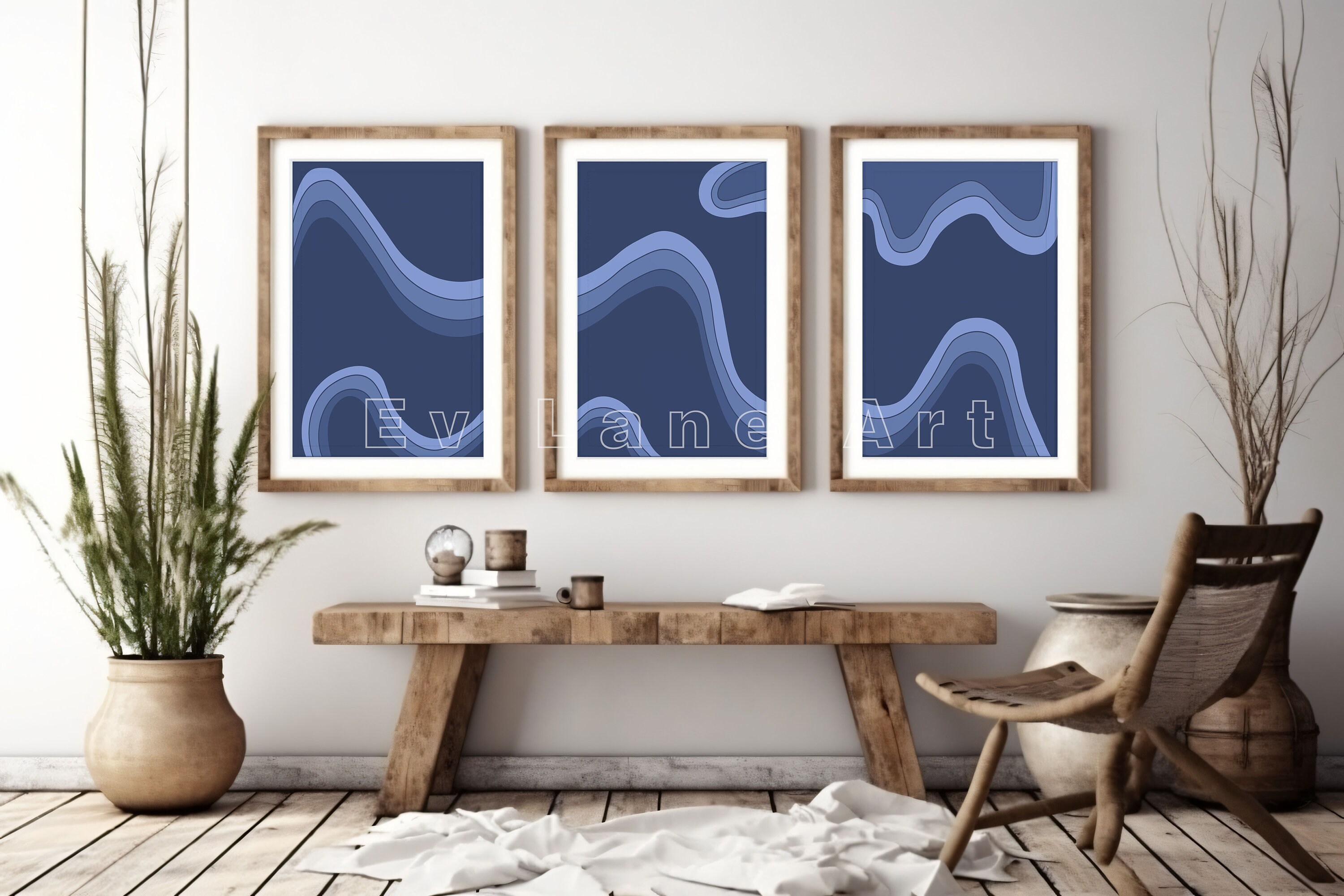Navy Blue Wavy Line Art Prints, Retro Decor (digital Download) - Etsy