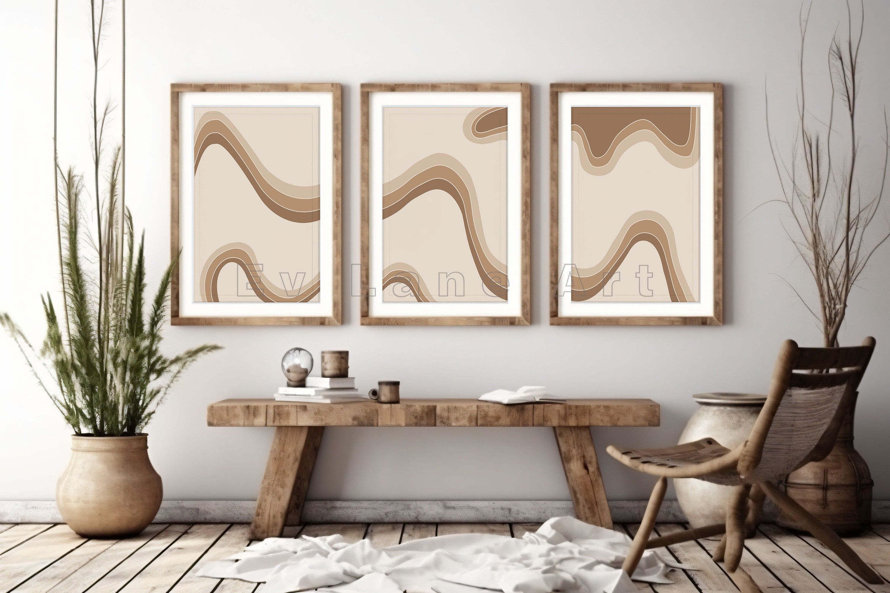 Neutral Wavy Line Wall Art, Aesthetic Room Decor, Retro Poster, Line ...