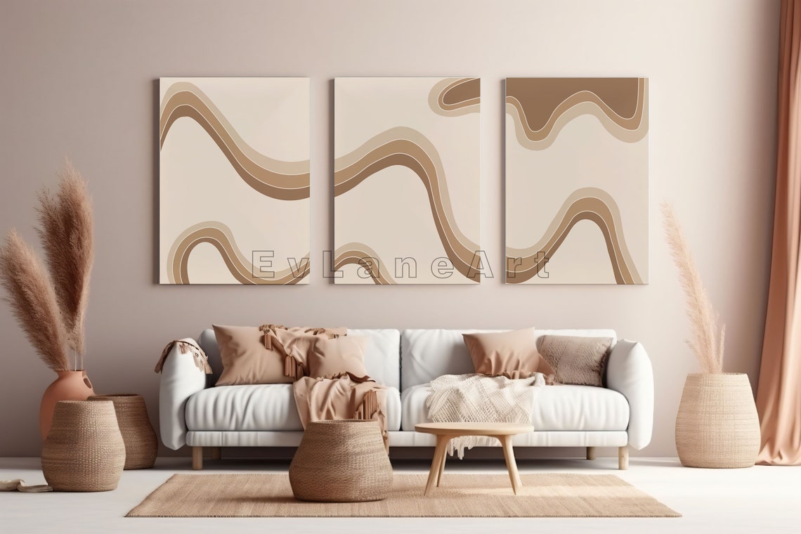 Neutral Wavy Line Wall Art, Aesthetic Room Decor, Retro Poster, Line ...
