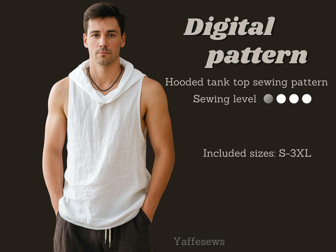 Men's Hooded Tank Top Sewing Pattern, Minimalist Sleeveless Boho Top ...