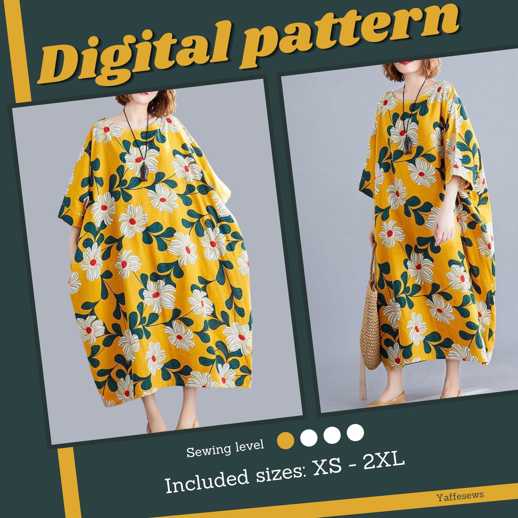Oversized Boho Dress Sewing Pattern, Sizes XS-2XL, Instant PDF Download ...