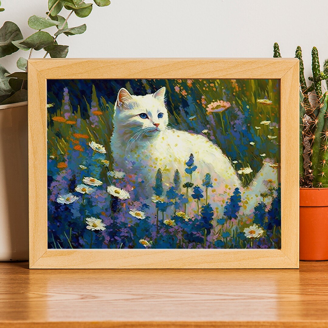 Claude Monet White Cat in Garden Cat in Field of Flowers Painting ...