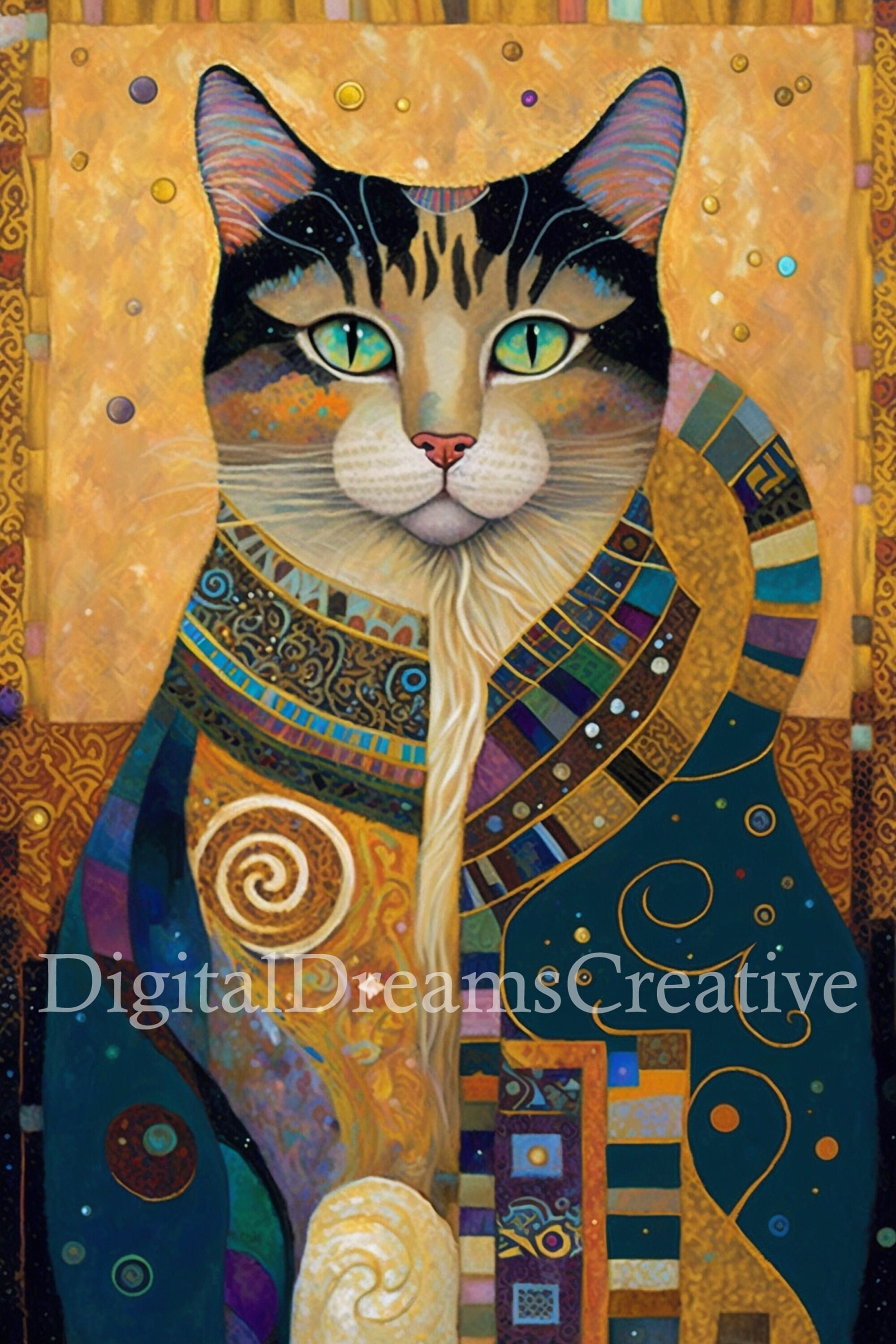 Gustav Klimt Cat Painting Digital Download Home Decor Cat Art Gold and ...