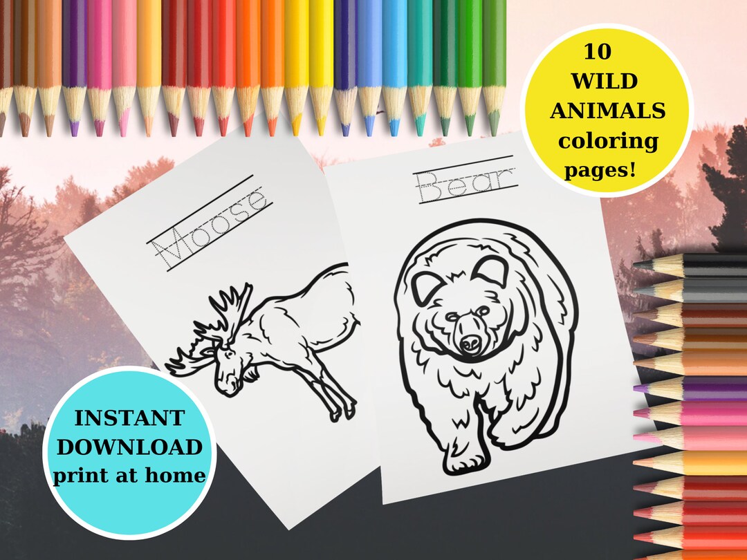 10 Wild Animals Printable Coloring Pages | Lion Bear Giraffe Antelope ...