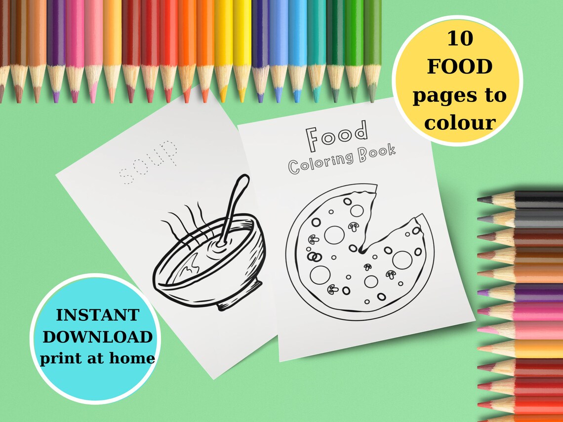 Food Coloring Pages for Kids | Pizza, Burger, Soup (instant Download ...