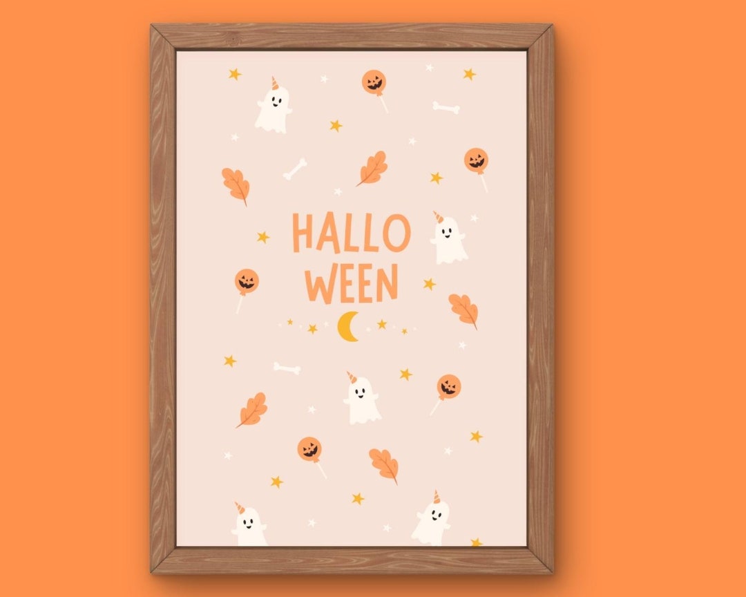 Cute Pink Halloween Poster for Kids Room | Cute Halloween Wall Art ...