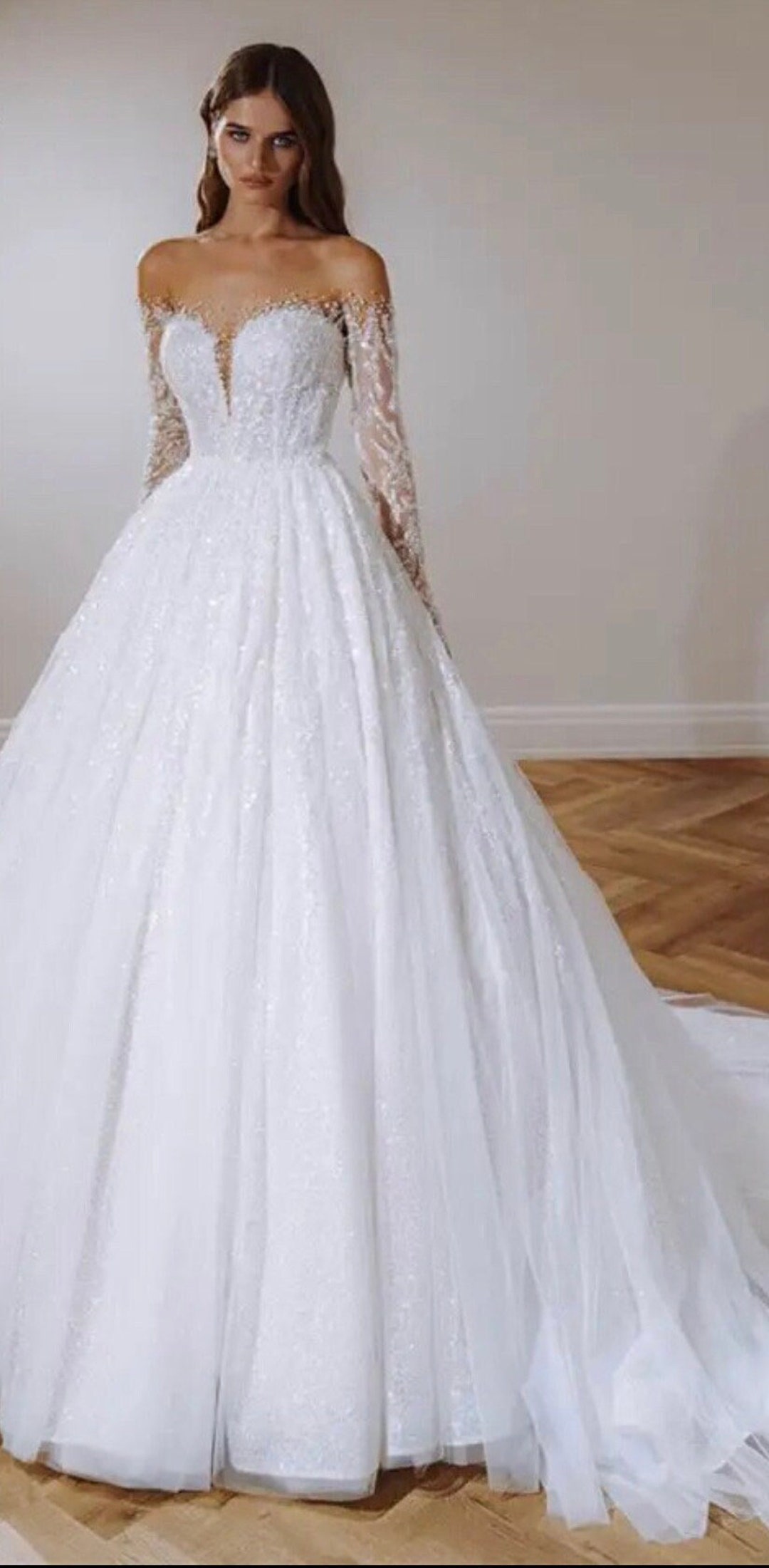 Sparkling Wedding Dresses O-neck Bride Robes Long Sleeves Sexy Illusion ...