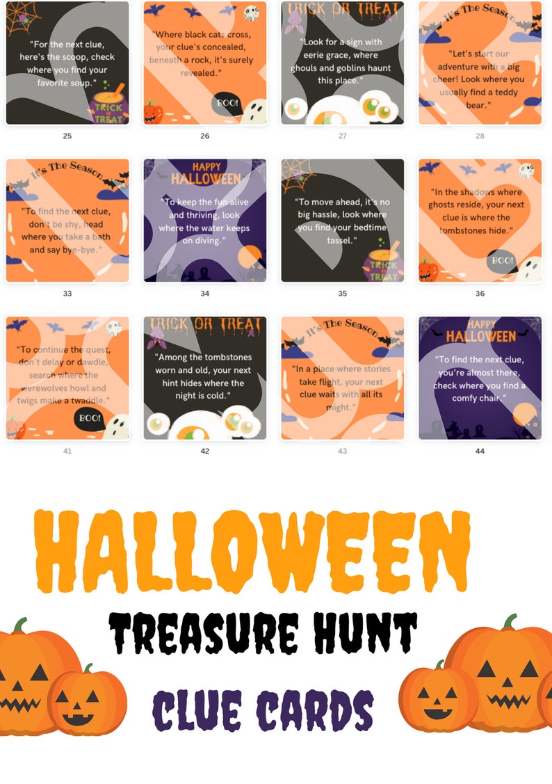 50 Halloween Treasure Hunt Clues - Halloween Printables Halloween Party ...
