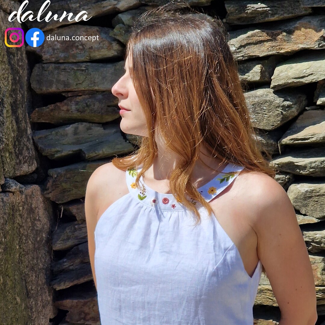 Classic White Linen Dress With Embroidered Flowers by Daluna Concept Discover the Beauty of ...
