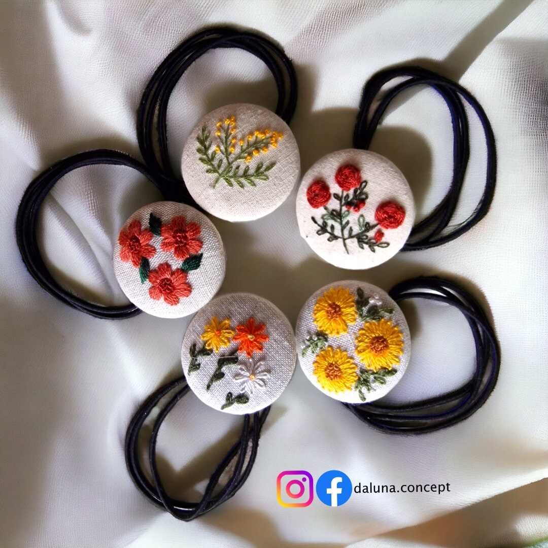 Embroidered Hair Ties, Handmade Hair Accessories, Linen Hair Ties ...