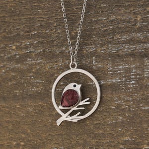 Cinnabar Birdie Branch Pendant Necklace, Crushed Cinnabar in Resin ...