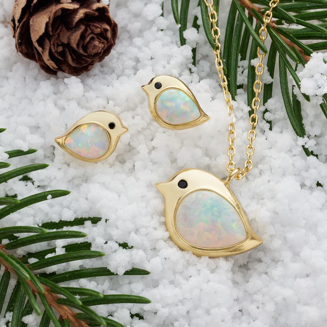 Gold Sterling Silver White Opal Birdie Gift Set, Elegant Bird-themed ...