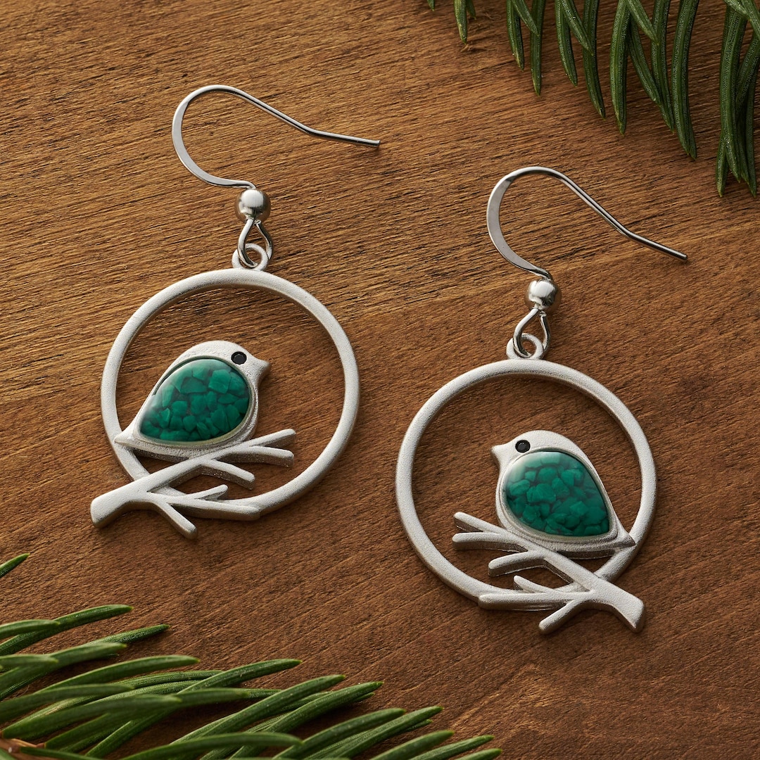 Green Glass Birdie Branch Earrings, Handmade Matte Silver Bird Jewelry ...