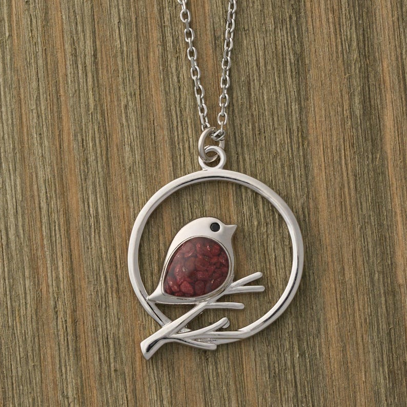 Cinnabar Birdie Branch Pendant Necklace, Crushed Cinnabar in Resin ...