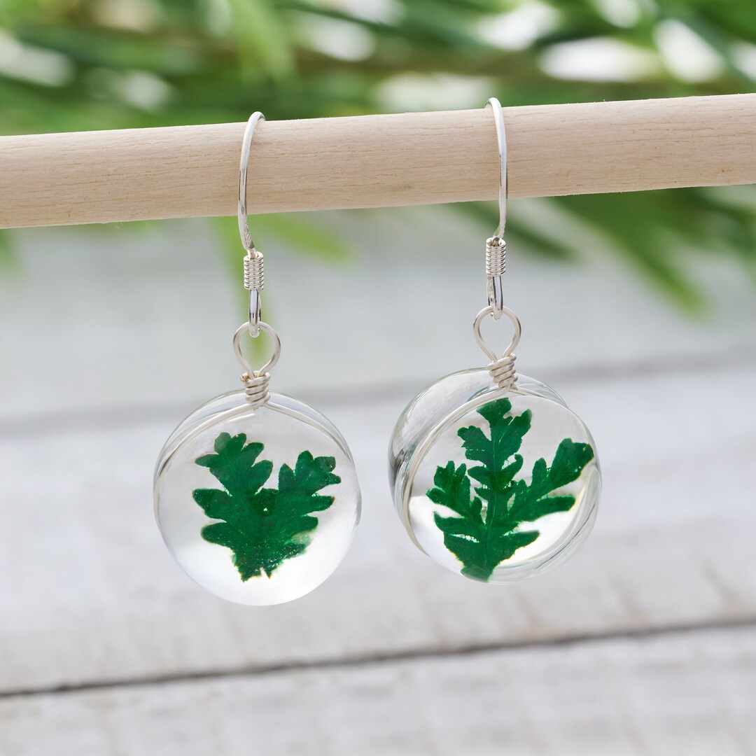 Fern Glass Ball Earrings, Cute Nature Jewelry, Glass Dangle Earrings ...