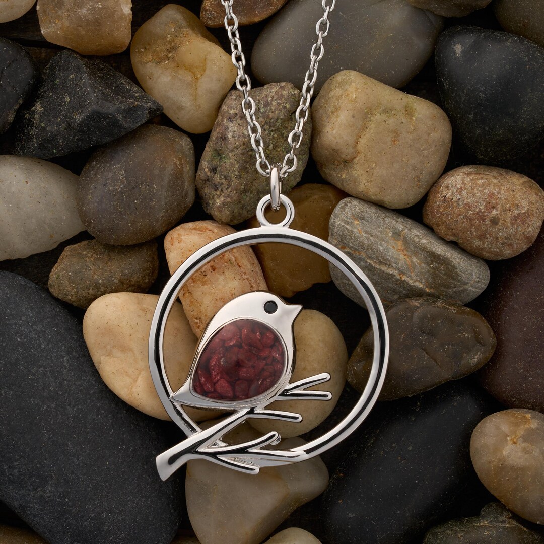 Cinnabar Birdie Branch Pendant Necklace, Crushed Cinnabar in Resin ...