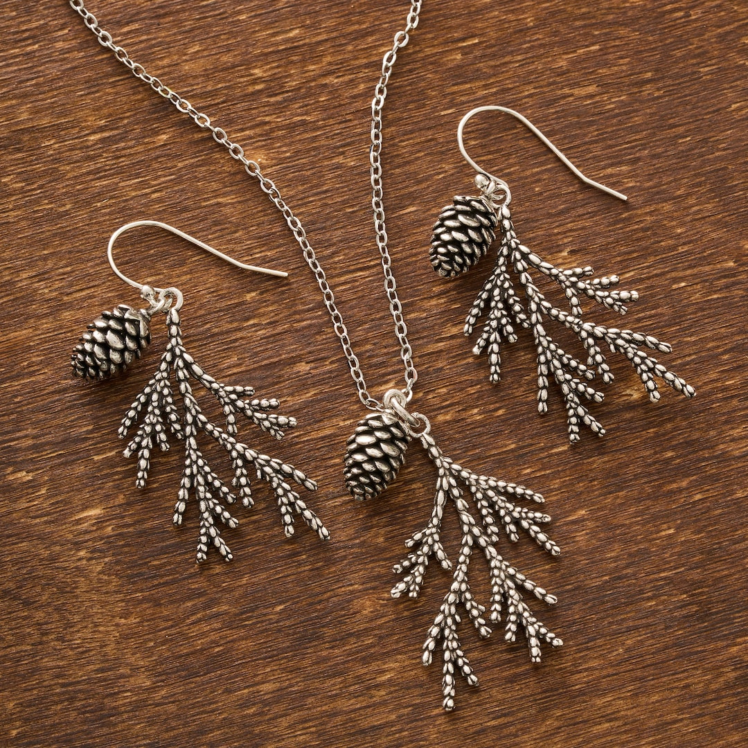Pine Branch Earrings and Necklace Set, Rustic Silver Evergreen Jewelry ...
