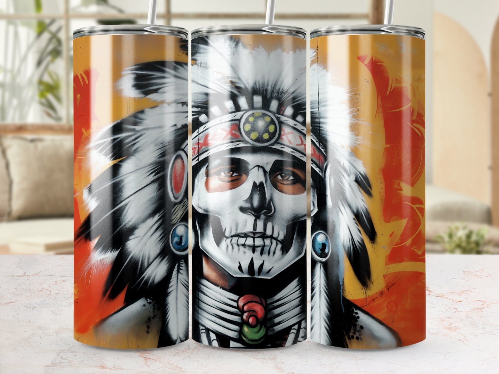 Native American Skull Art, Feather Headress Tumbler Wrap, Tribal ...
