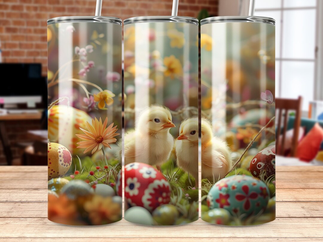 Easter Chick 20 Oz Tumbler Wrap, Spring Flowers and Painted Eggs Design ...