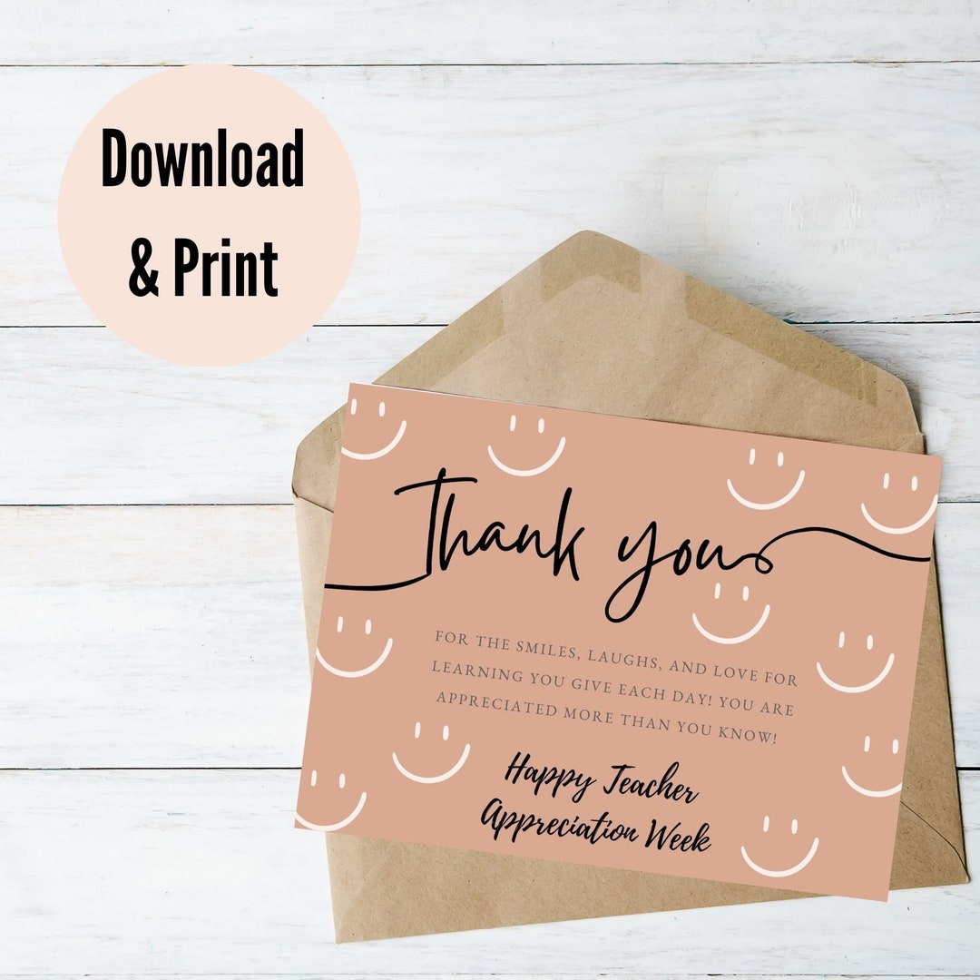 Printable Smiley Face Teacher Appreciation Thank You Card / Instant ...