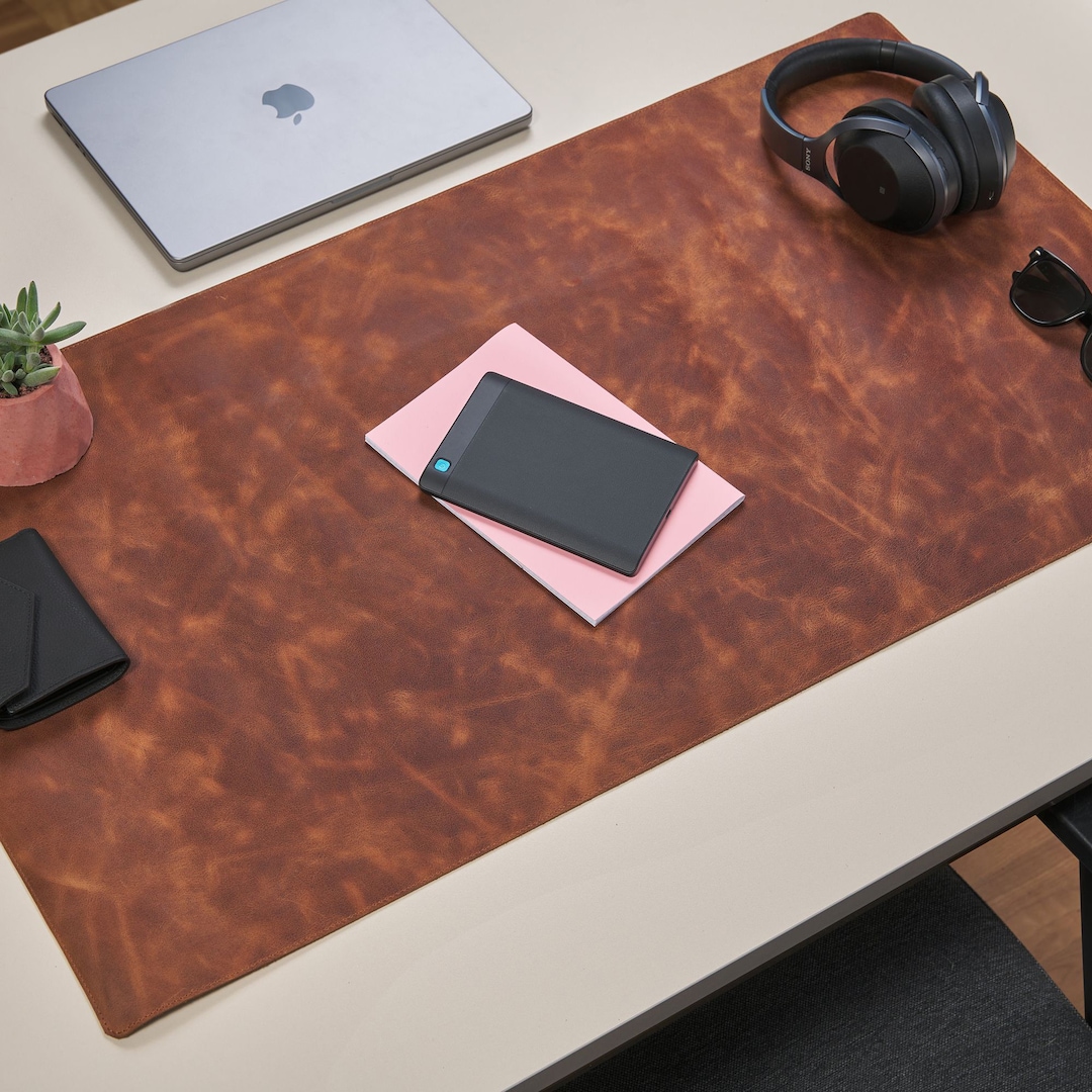 Cognac Leather Desk Pad – Handmade Full Grain Writing Mat, Luxury ...