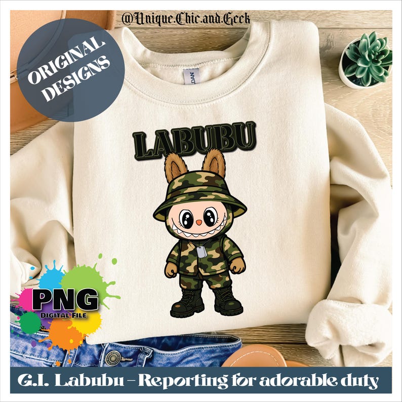 Labubu Army DTF PNG | Camo Character, Dog Tags, High-resolution Digital ...