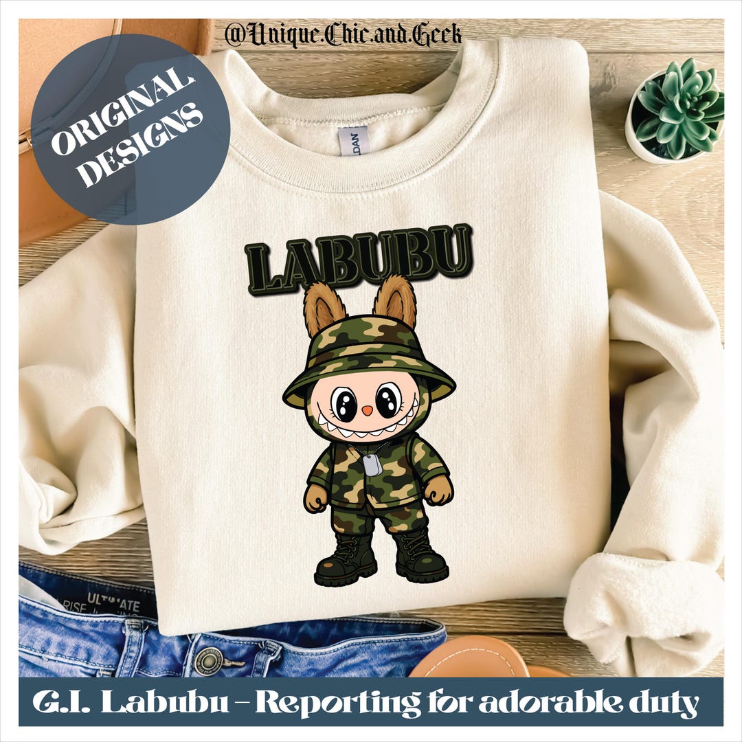 Army Labubu DTF PNG | Camo Character, Dog Tags, High-resolution Digital ...