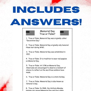 Memorial Day Trivia True or False Worksheet Digital Download, Printable ...