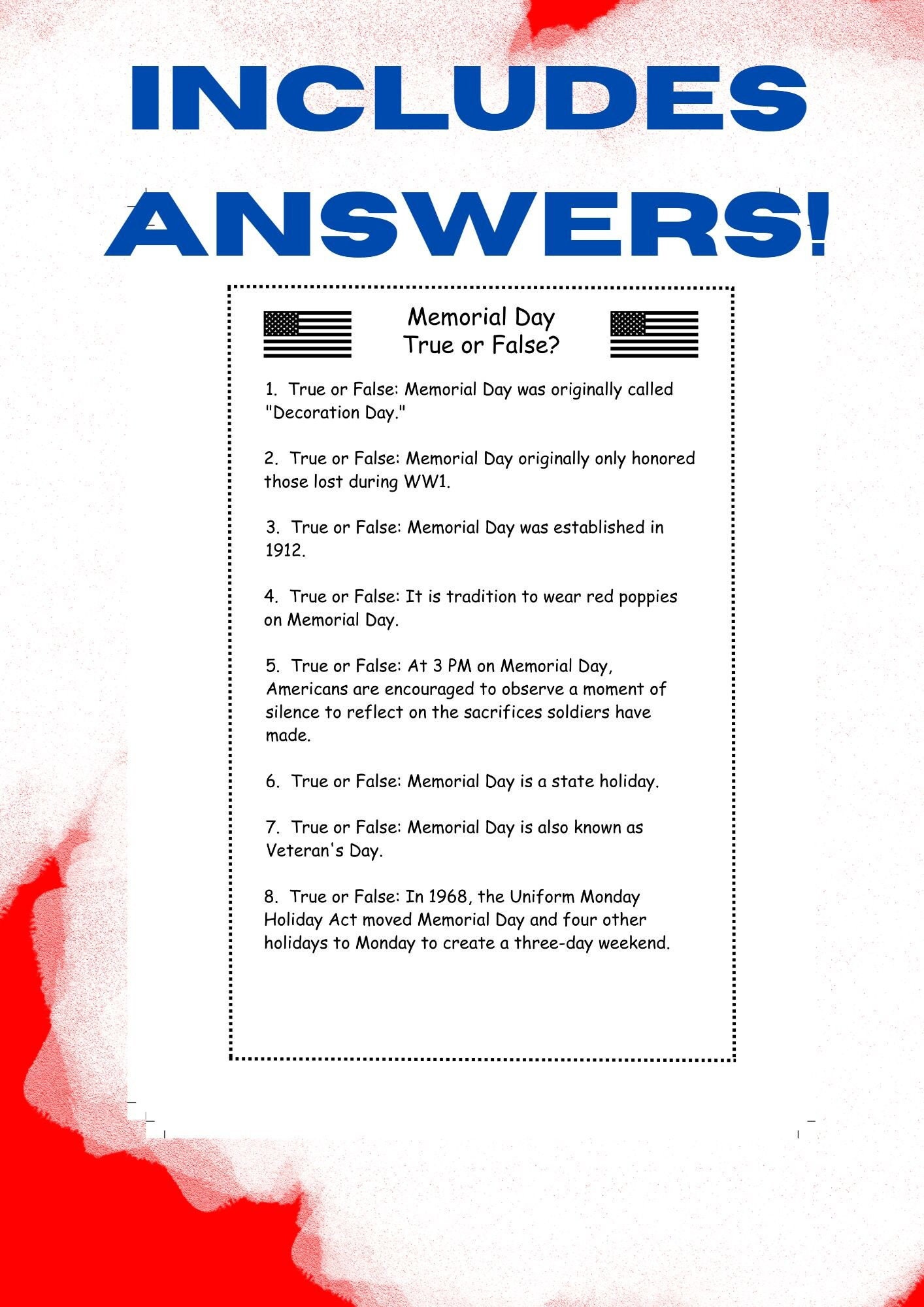 Memorial Day Trivia True or False Worksheet Digital Download, Printable ...
