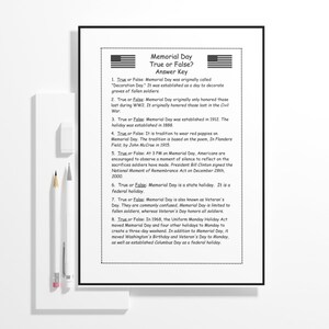 Memorial Day Trivia True or False Worksheet Digital Download, Printable ...