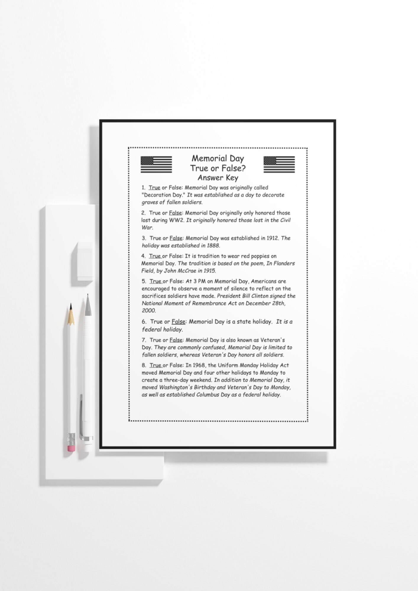 Memorial Day Trivia True or False Worksheet Digital Download, Printable ...