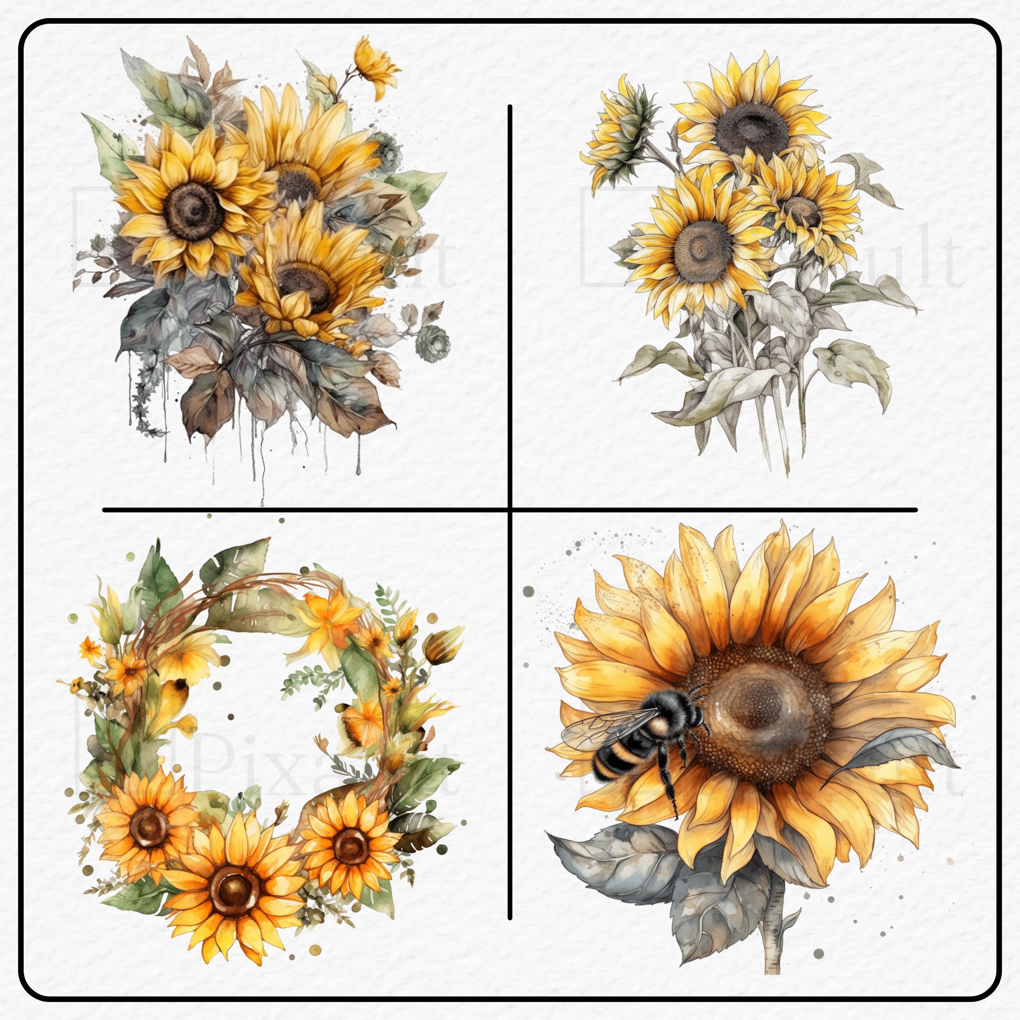 Watercolor Sunflowers Clipart - 20 PNG Images Bundle - 300dpi - Boho ...