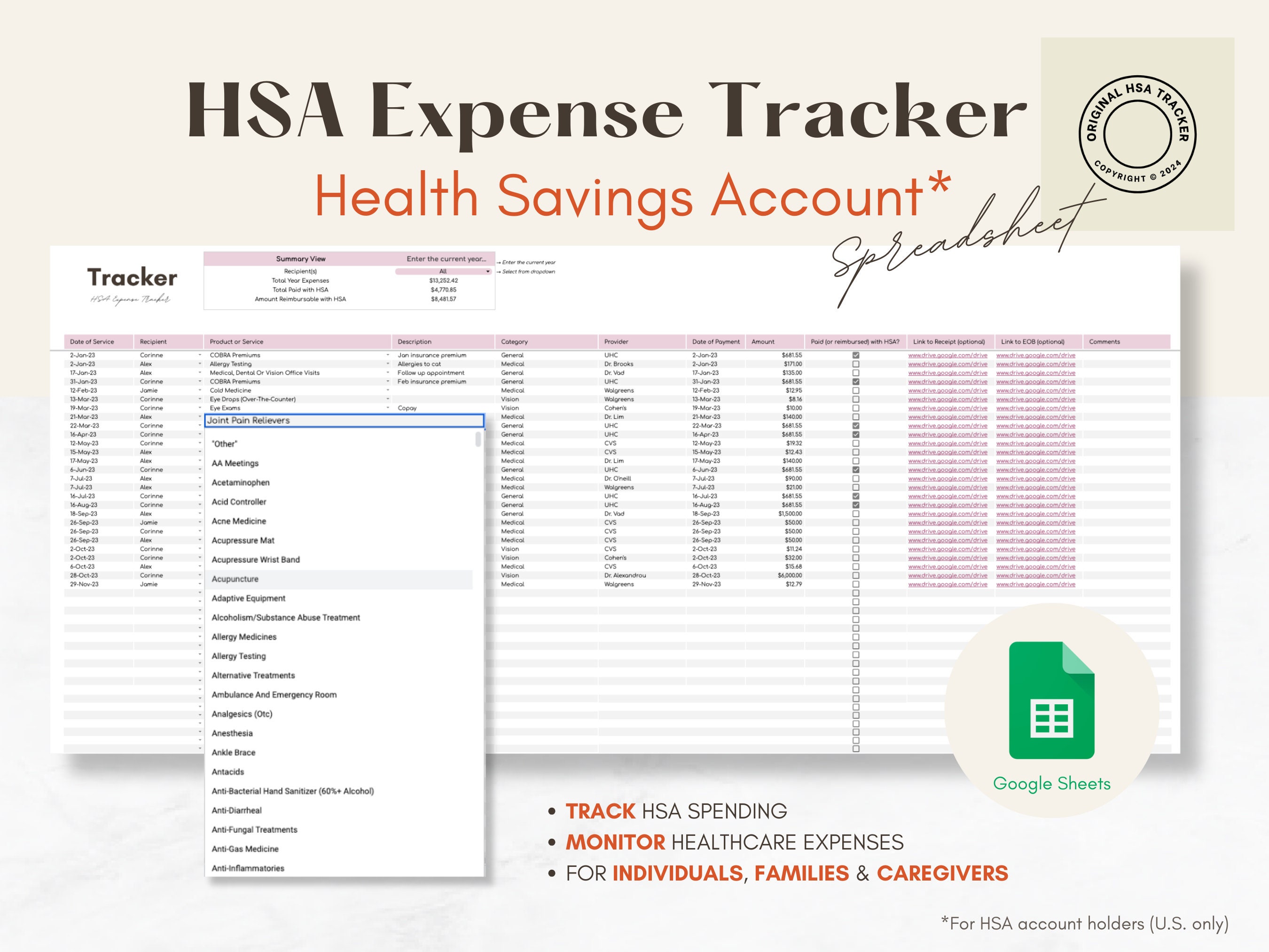 HSA Expense Tracker: Google Sheets Template With Category Dropdowns ...