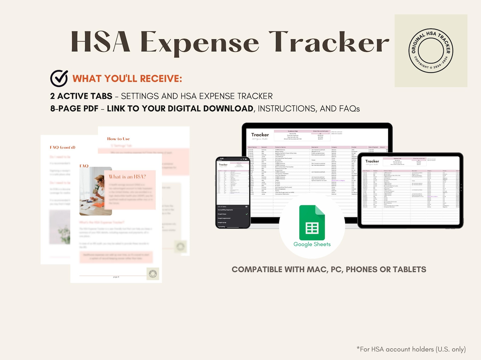 HSA Expense Tracker: Google Sheets Template (digital Download, Pink ...