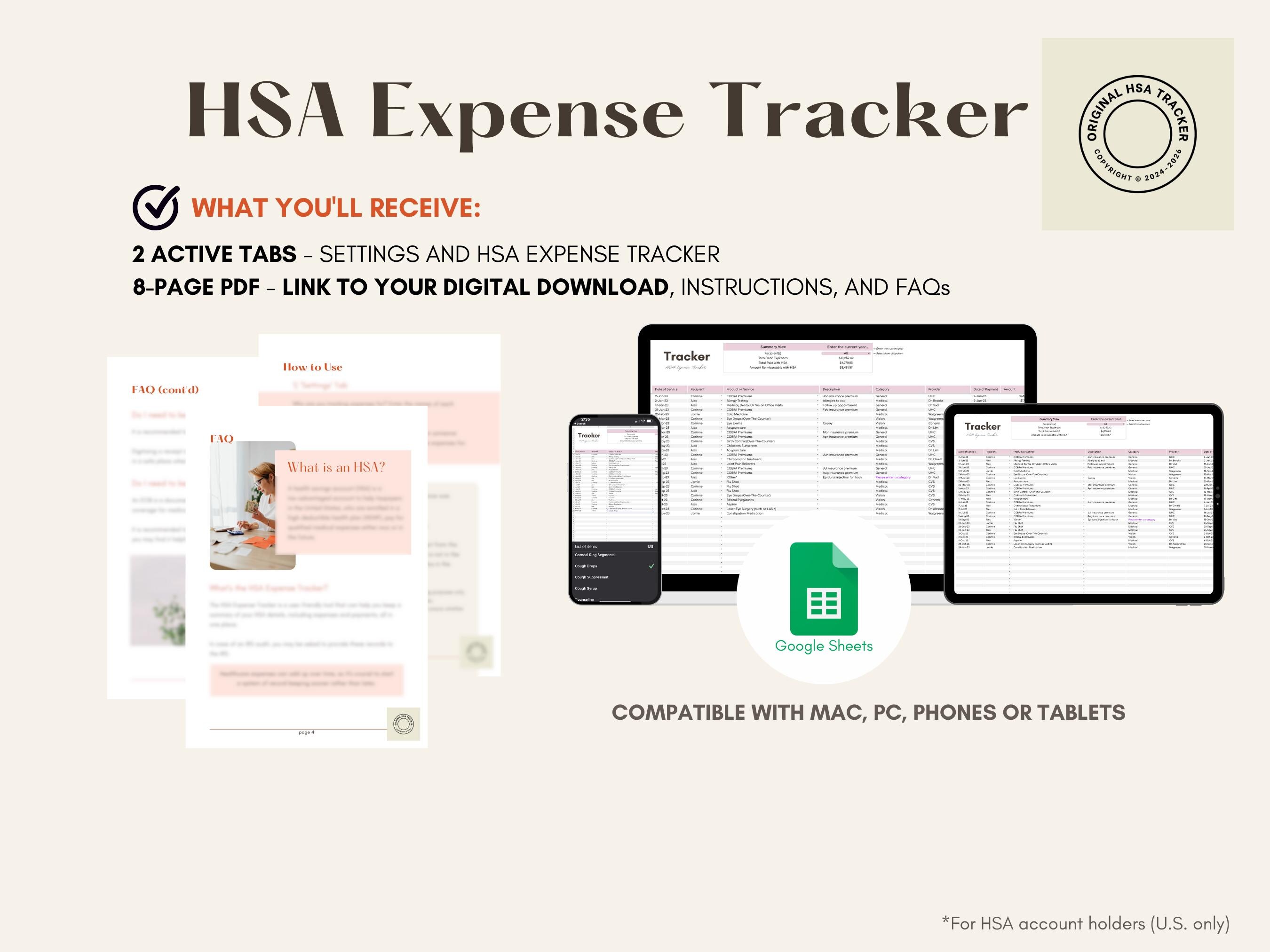 HSA Expense Tracker: Google Sheets Template (digital Download, Pink ...