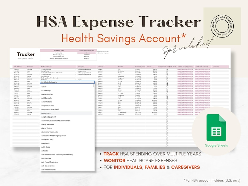 HSA Expense Tracker: Google Sheets Template (digital Download, Pink ...