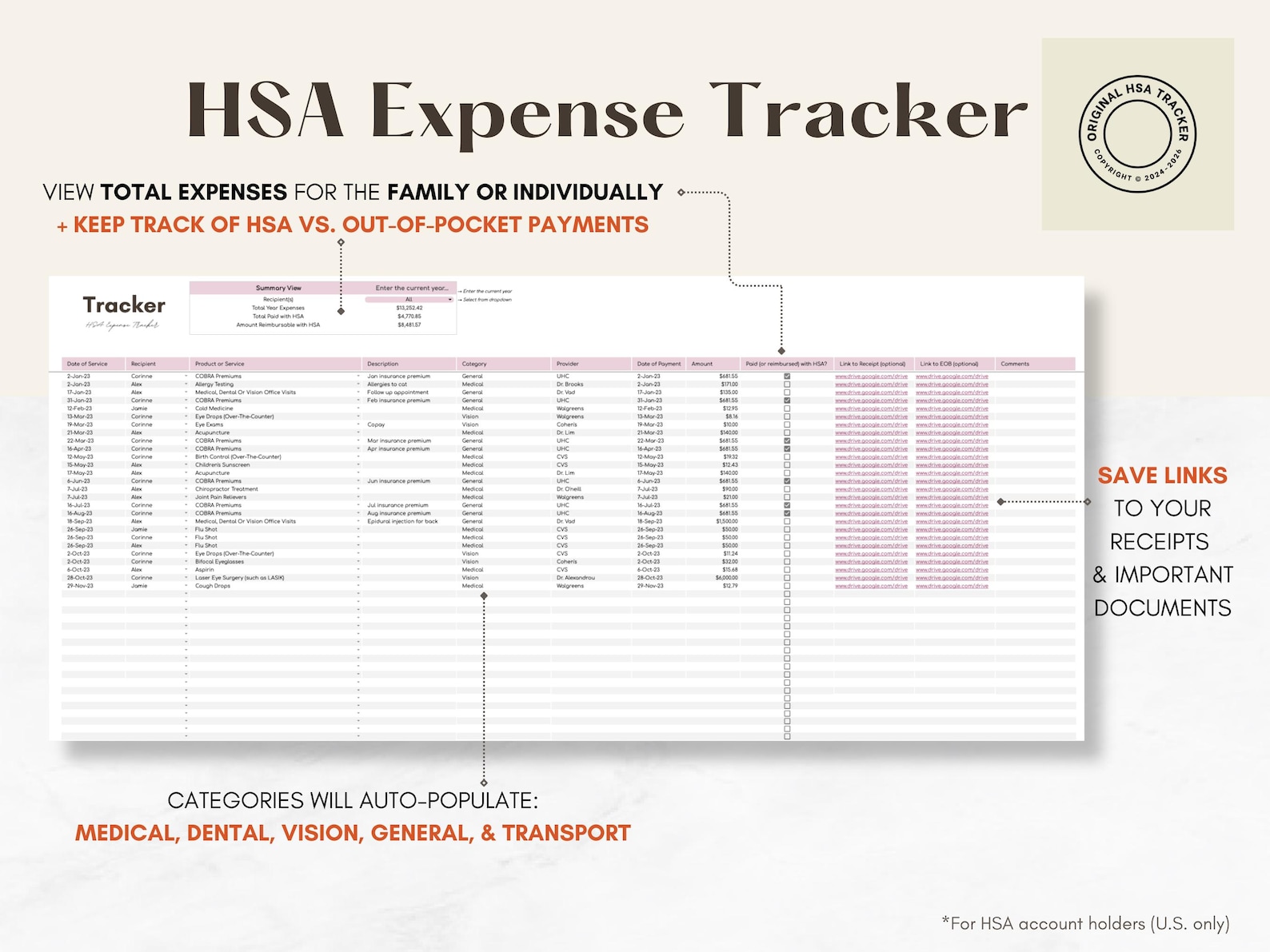 HSA Expense Tracker: Google Sheets Template (digital Download, Pink ...