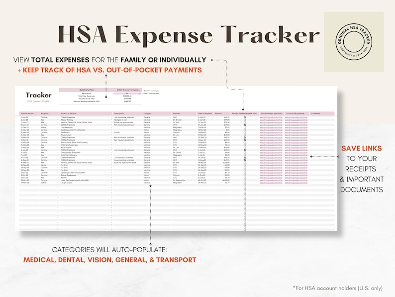 HSA Expense Tracker: Google Sheets Template (digital Download, Pink ...