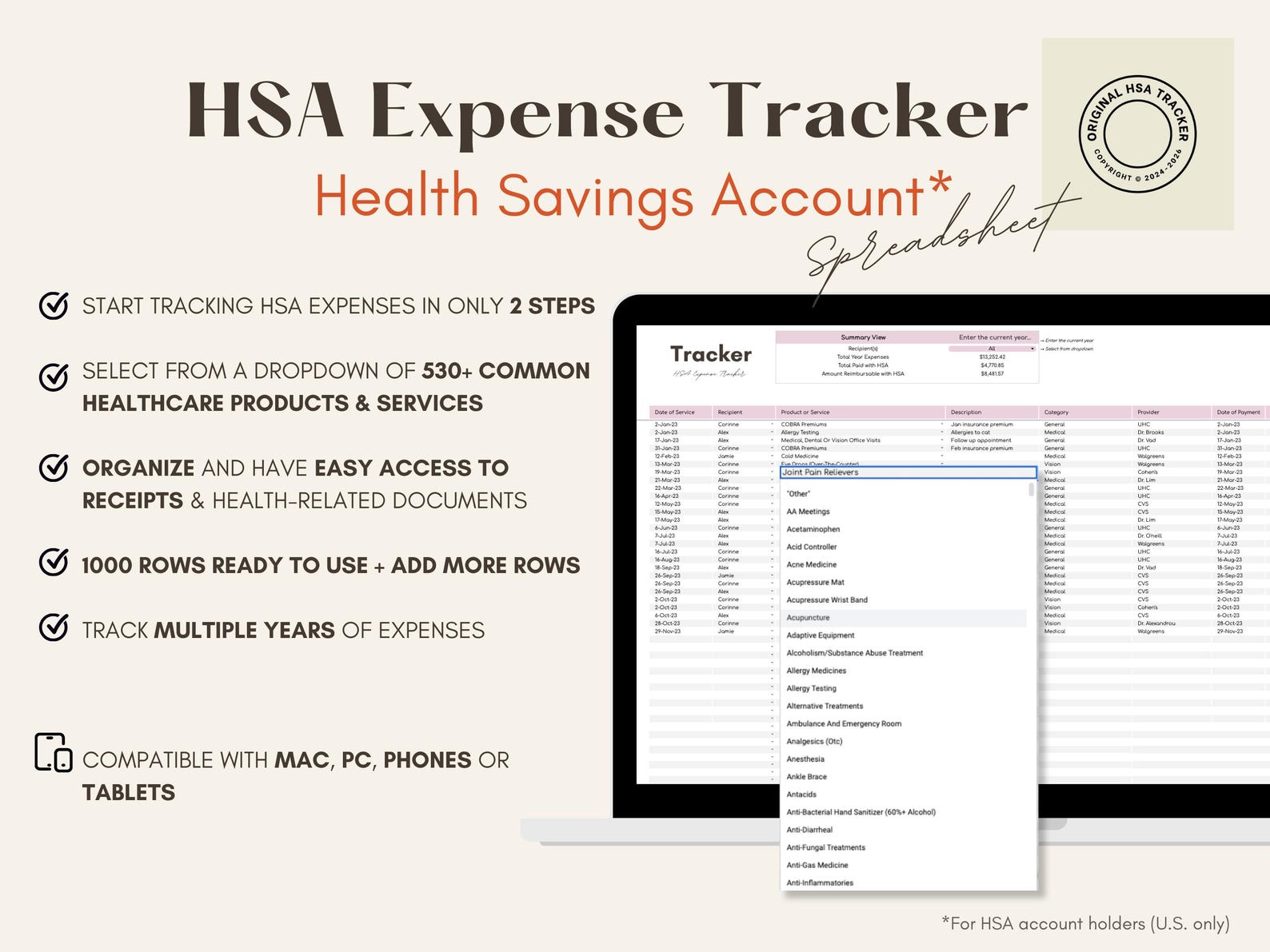 HSA Expense Tracker: Google Sheets Template (digital Download, Pink ...