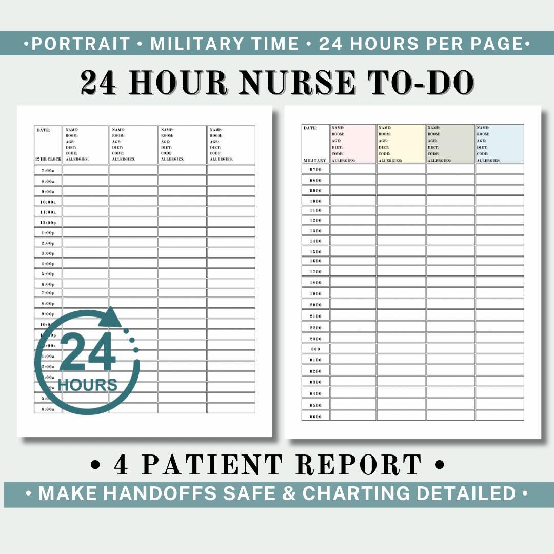 Nurse Hourly to Do, Nurse Shift Planner, 4 Patient Medication, Med Surg ...
