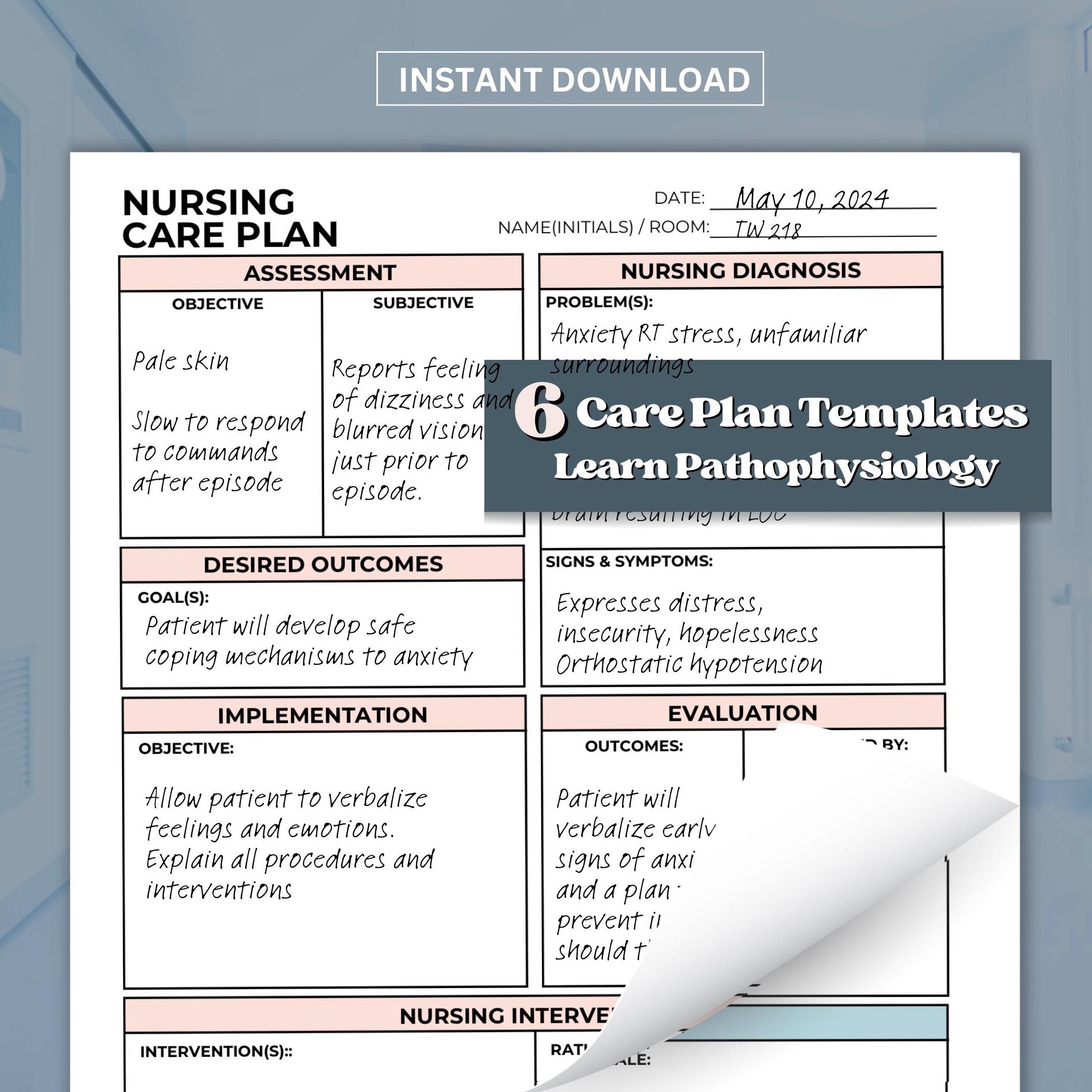 Printable Care Plan Templates, Care Planning Forms, Nursing School ...